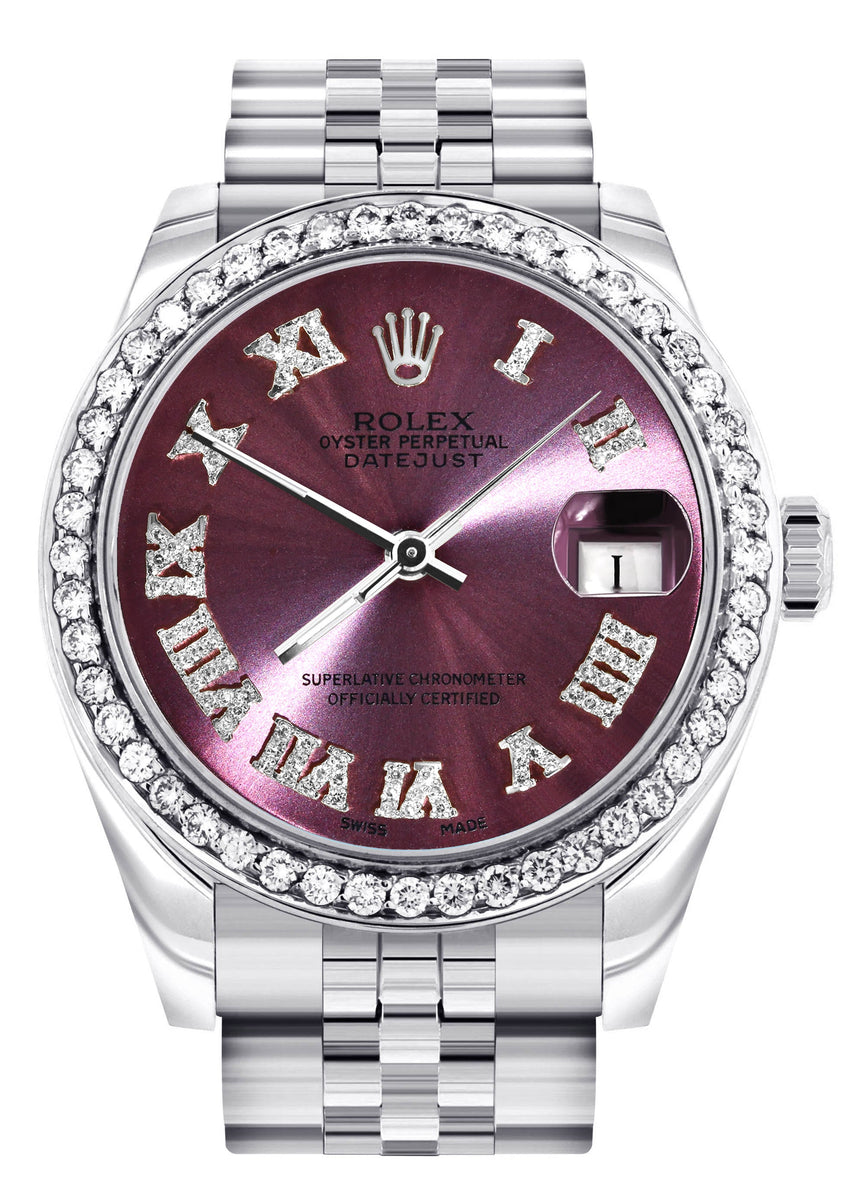 Diamond Rolex Watch | Diamond Bezel | 31MM | Purple Roman Diamond Dial ...